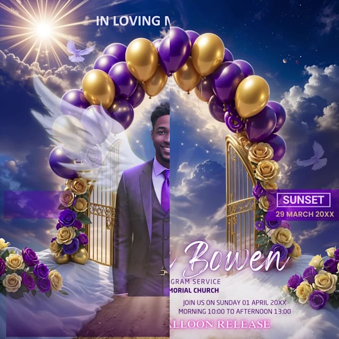 Happy heavenly birthday memorial flyer, angel wings purple template ...
