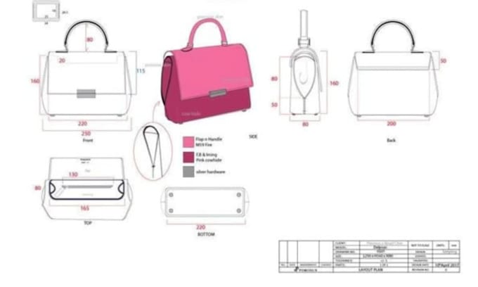 Create handbag design technical drawing spec sheet design tote bag tech ...