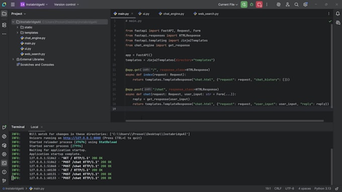 Create a fastapi based ai chatbot in python by Prosun_banerjee | Fiverr