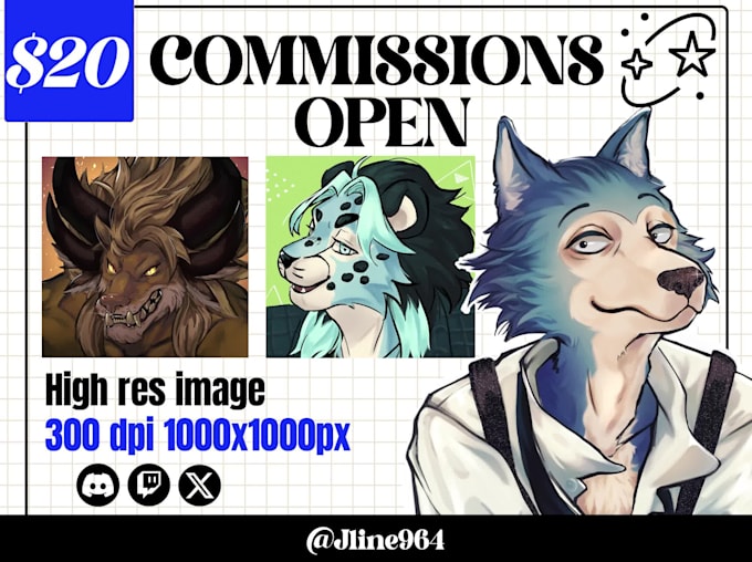 Draw a bright and colorful furry pfp of your fursona by Jline964 | Fiverr