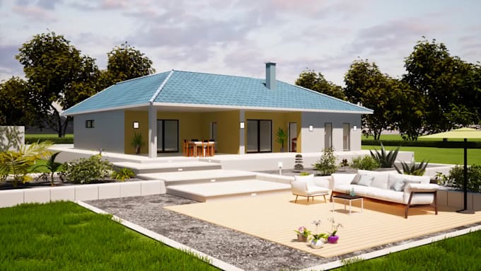 Create photorealistic garden design, patio, frontyard backyard ...