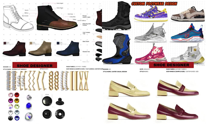 Create custom shoe tech pack design, sneakers, footwears, sander, hill ...