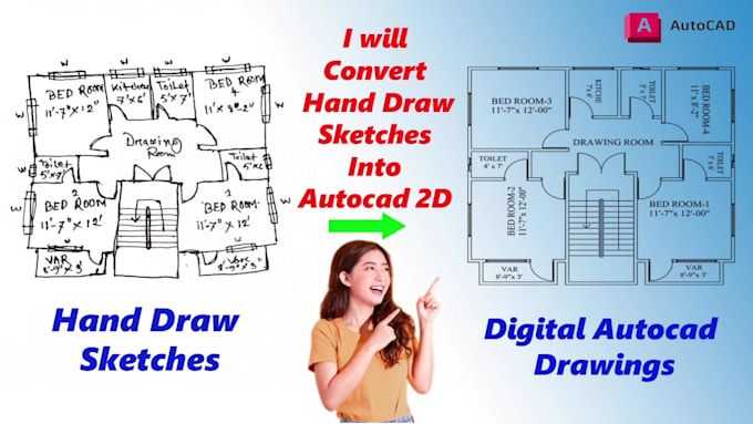 Convert hand draw sketches into autocad 2d by Orginaldesigner | Fiverr