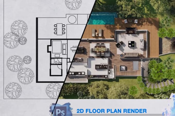 Redraw your floor plan and photoshop render with texture and landscape ...