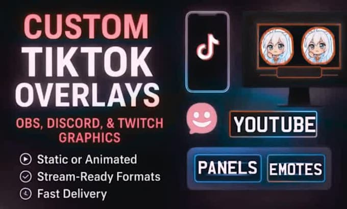 Design de overlay para tik tok, overlay para obs, emoji para discord e painéis para twitch