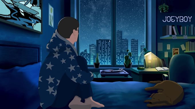 Create high quality lofi loop animation, 2d character illustration ...