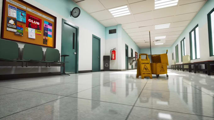 Render a realistic 3d school hallway interior design, environment ...