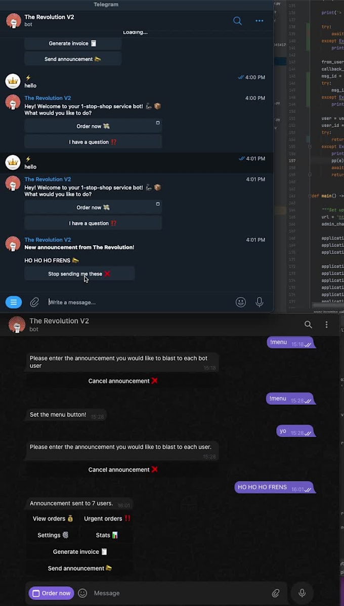 Code an advanced telegram bot by Xandertruyers | Fiverr
