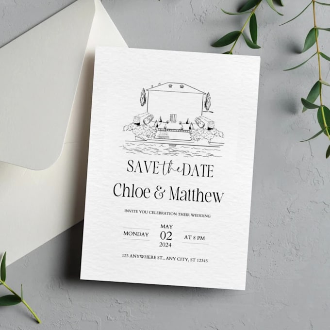Draw hand drawn wedding venue for your scribble whimsical save the date by Blindfloyd | Fiverr