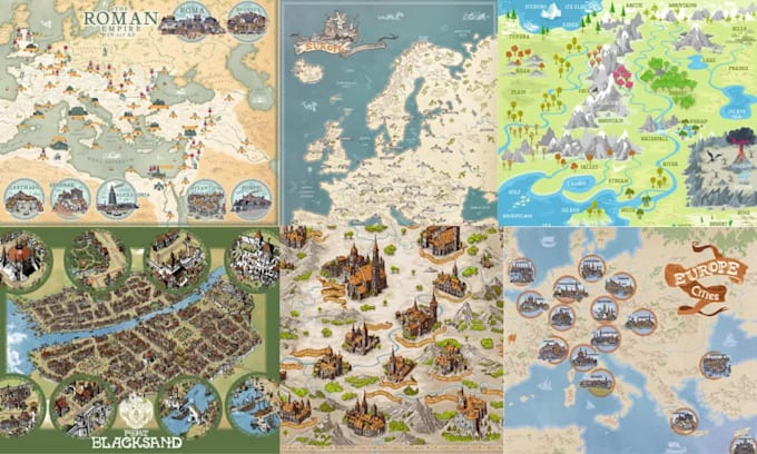 Draw vector map fantasy map 3d isometric map illustration travel, site ...