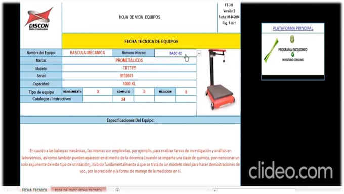 Equipment data sheet template by Manejodeexcel | Fiverr