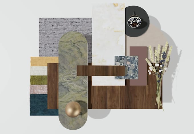 Design professional 3d material boards by Kimberlycstudio | Fiverr