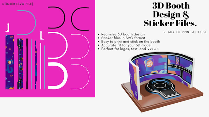 3d exhibition booth, stand, kiosk design with sticker fit by ...