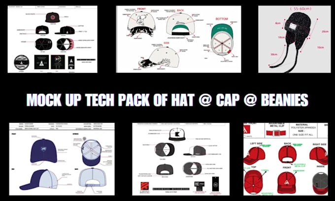 Do hat and cap tech pack, bucket hat, trucker, dad cap with flat sketch ...