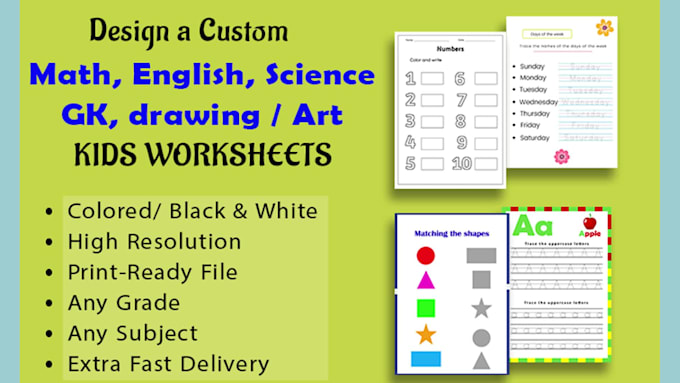 Design custom kindergarten preschool kids and grade 1 to 10 worksheets ...